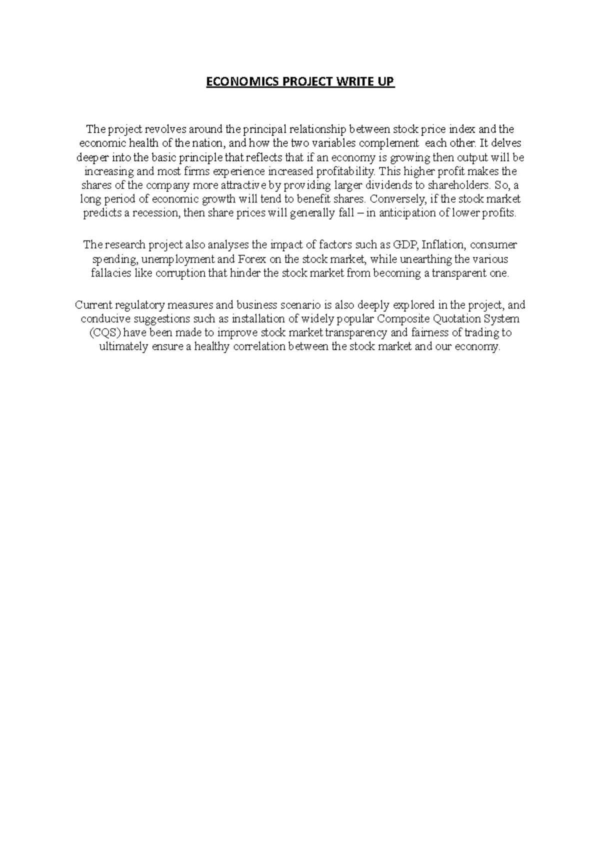 Economics Project Write UP - ECONOMICS PROJECT WRITE UP The project ...