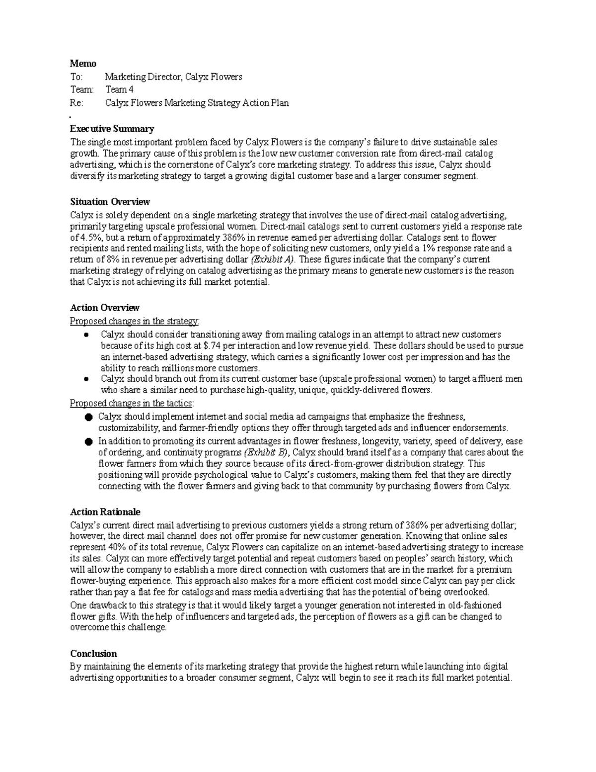 MARK550 Calyx Flowers Case Submission - Memo To: Marketing Director ...