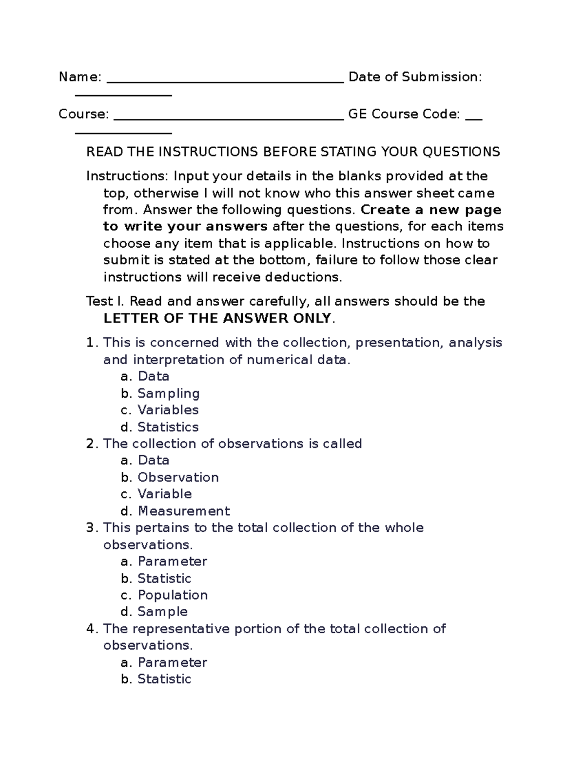 Exam-2 - exam - Name: Date of Submission: Course: GE Course Code: READ ...