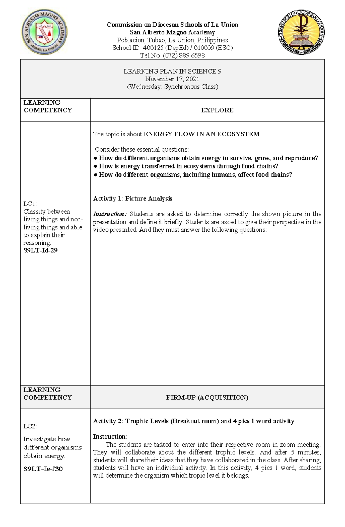 Lesson Plan for Grade 9 Science - Commission on Diocesan Schools of La ...
