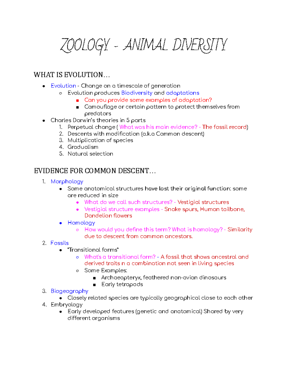 Zoology Notes Part 1 - ZOOLOGY - ANIMAL DIVERSITY WHAT IS EVOLUTION ...