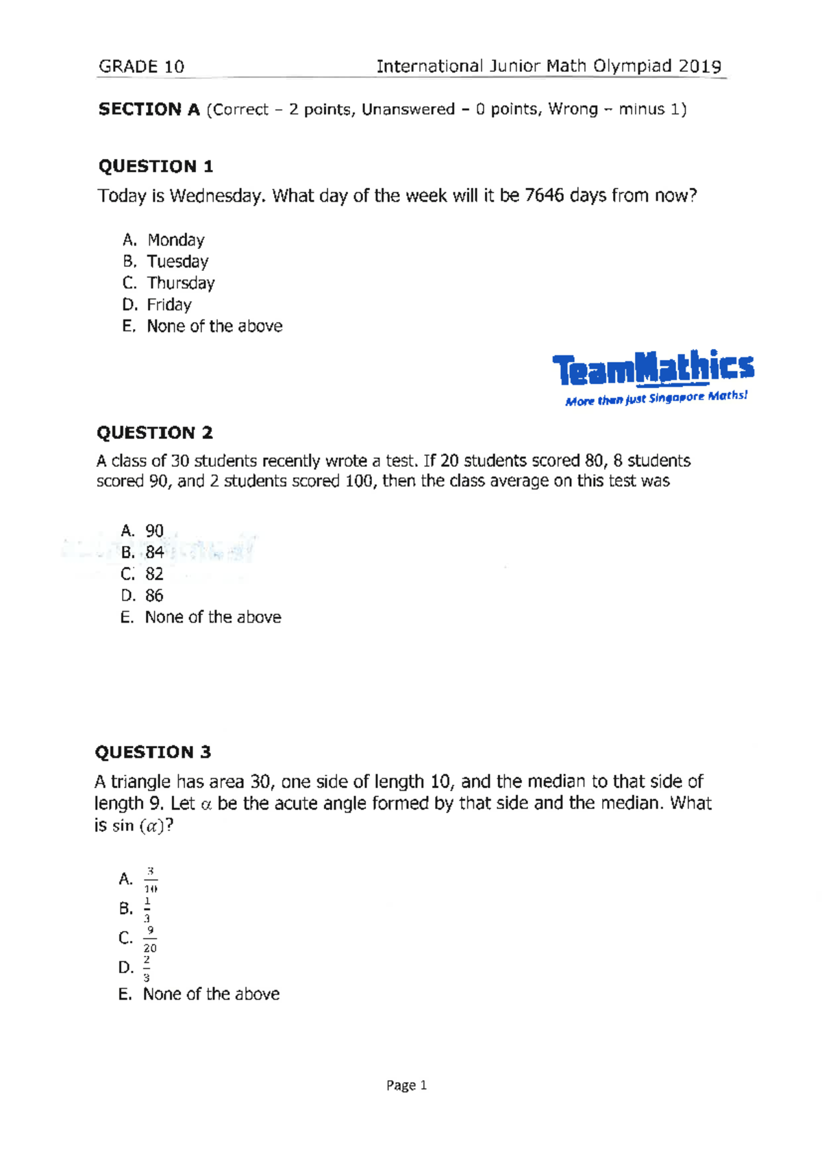 2019 IJMO Grade 10 - Ijmo y10 - GRADE 10 International Junior Math ...