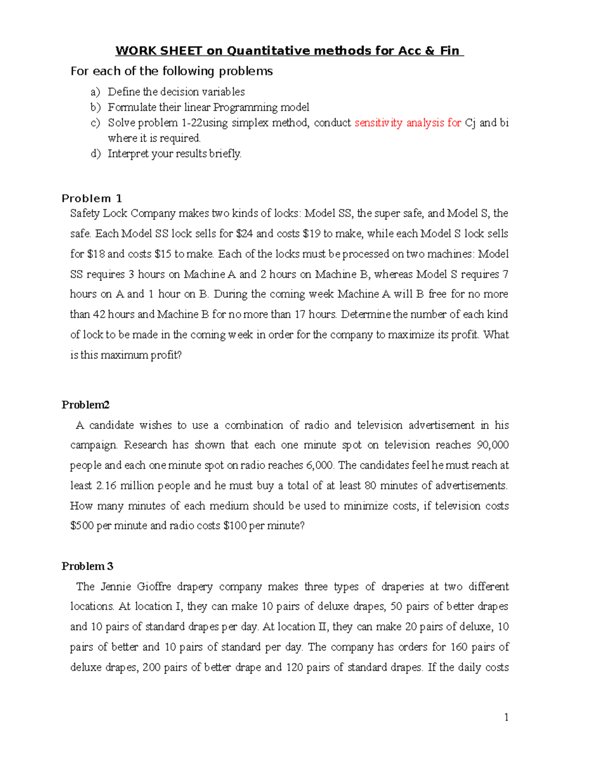 OR WORK Sheet - operational management - WORK SHEET on Quantitative ...