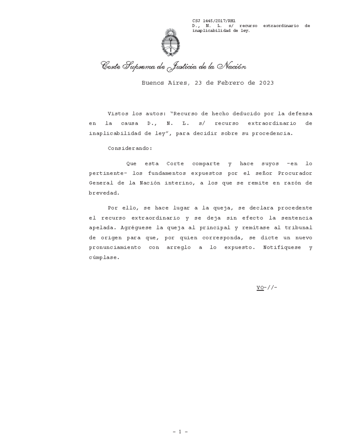 FALLO- NOTA A FALLO - CSJ 1445/2017/RH1D., N. L. s/ recurso ...