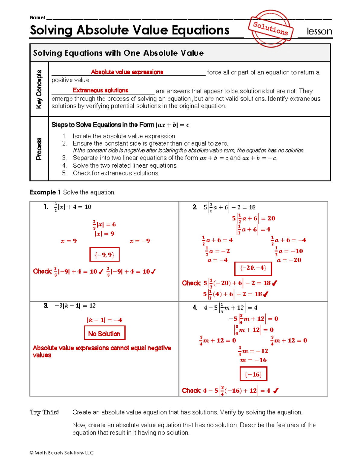 Solving Absolute Value Equations Lesson - Name: - Studocu