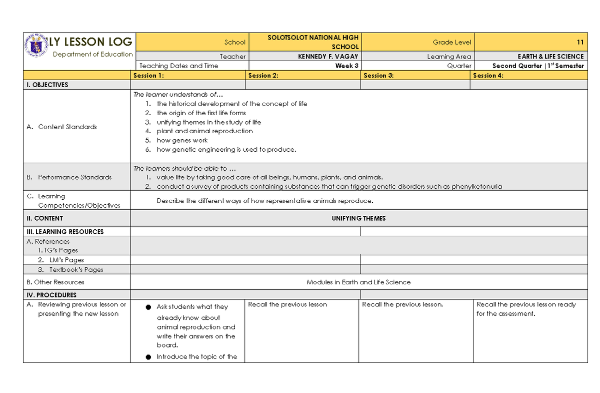 DLL ELS Quarter 2 WEEK 3 - Daily Lesson Log - DAILY LESSON LOG ...