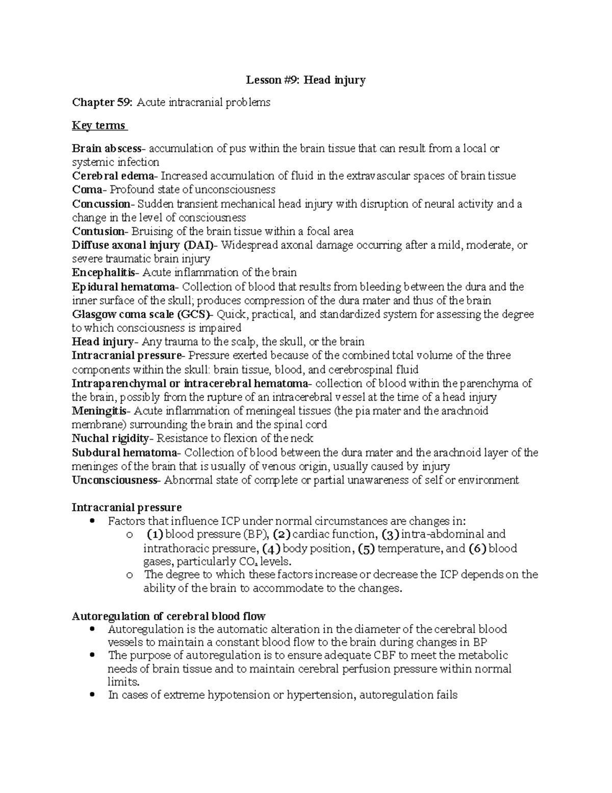 Head-injury-reading - Lesson #9: Head injury Chapter 59: Acute ...