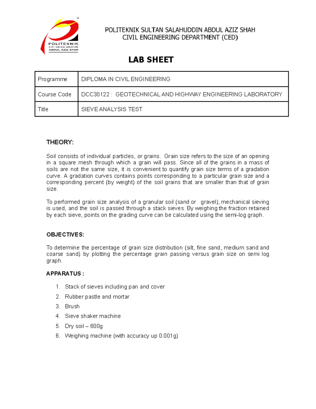 LAB Sheet Sieve Analysis - LAB SHEET Programme DIPLOMA IN CIVIL ...