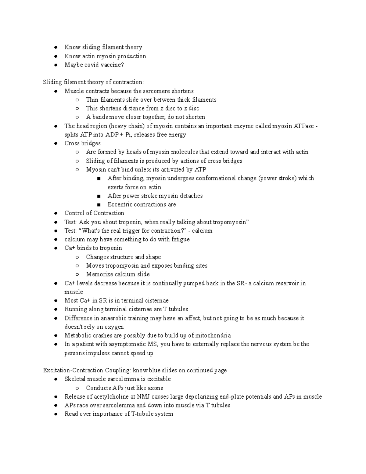 EXE 339 Notes 10 7 24 - Know sliding filament theory Know actin myosin ...