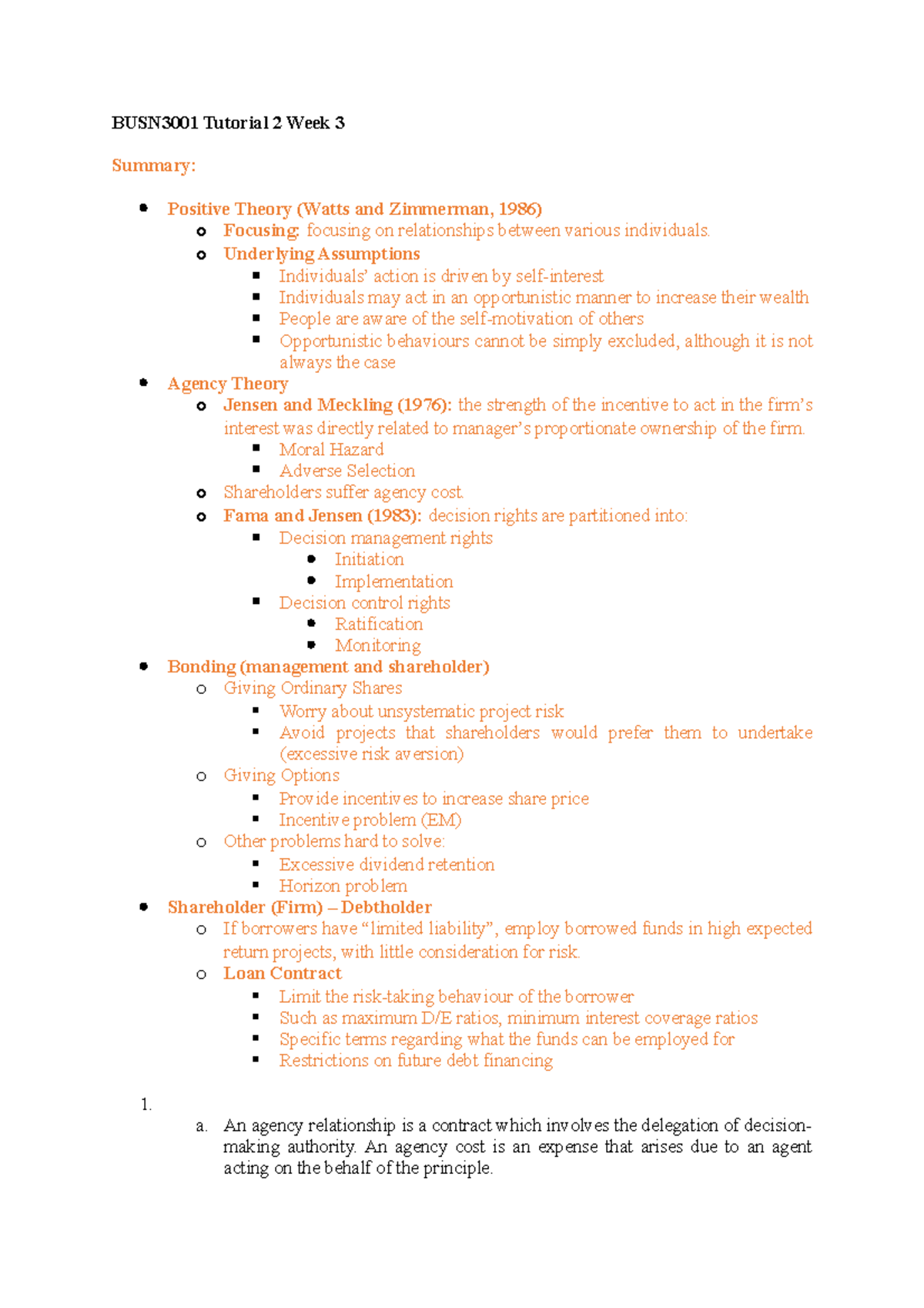 Tutorial 2 12.03 - BUSN3001 Tutorial 2 Week 3 Summary: Positive Theory ...