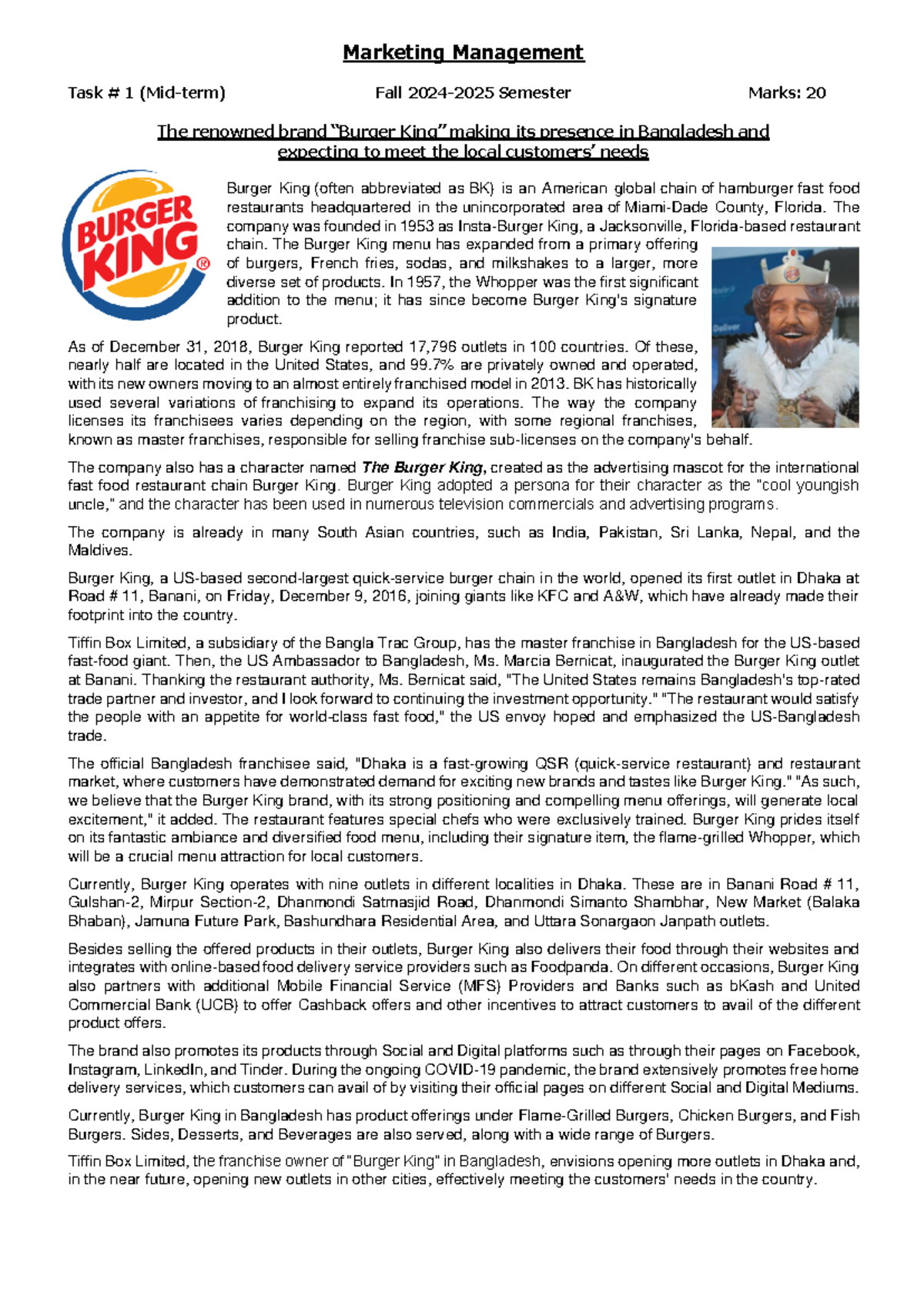 Case study- Marketing Management - Mid-term - Class Task 1 - Burger ...