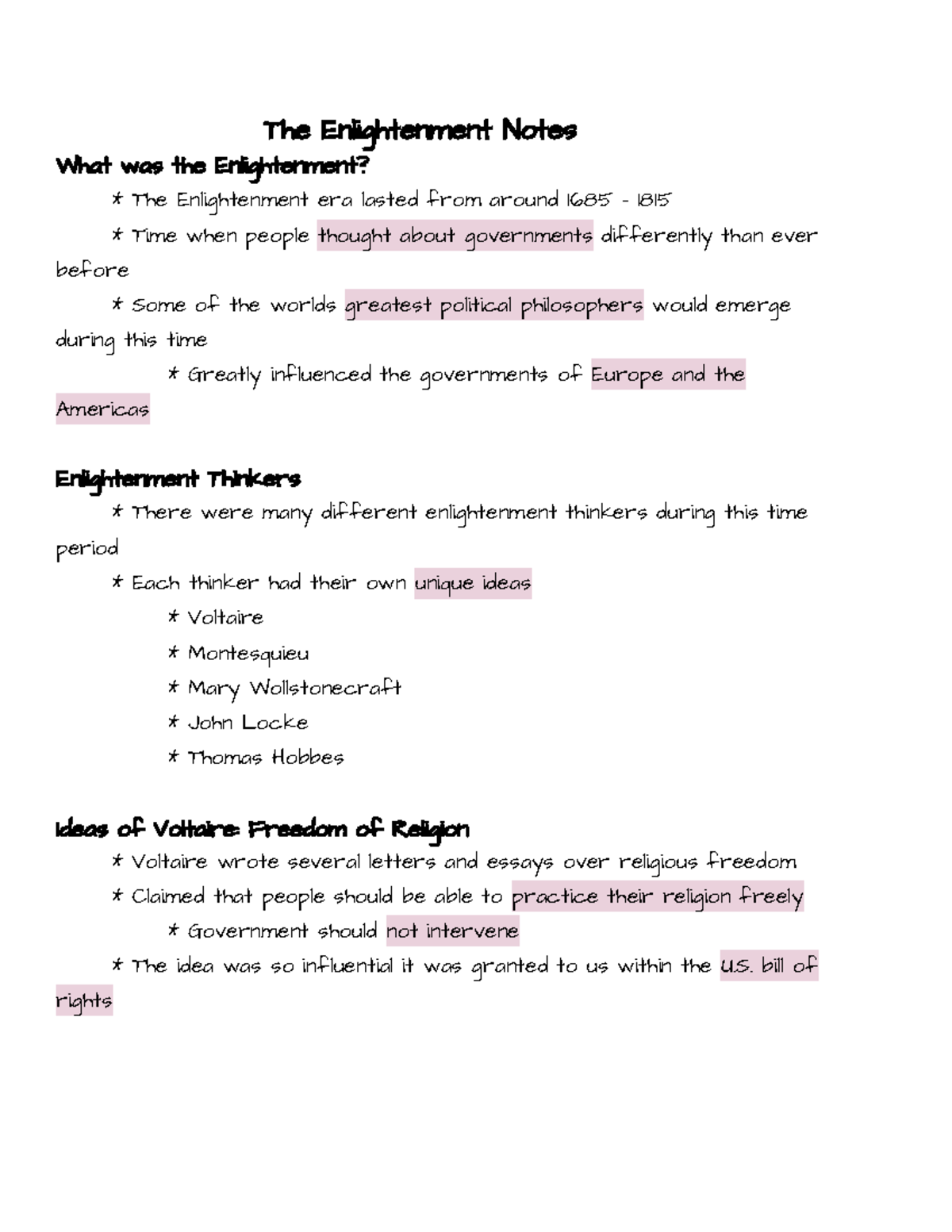 The Enlightenment Notes - bill of rights Ideas of Voltaire: Freedom of ...