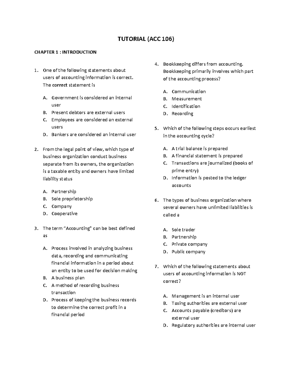 Intro TO ACC Q2 - acc - TUTORIAL (ACC 106) CHAPTER 1 : INTRODUCTION One ...