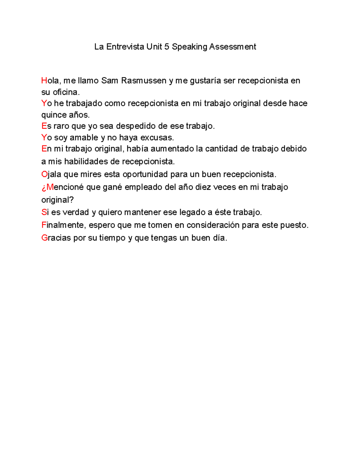 La Entrevista Unit 5 Speaking Assessment - La Entrevista Unit 5 ...