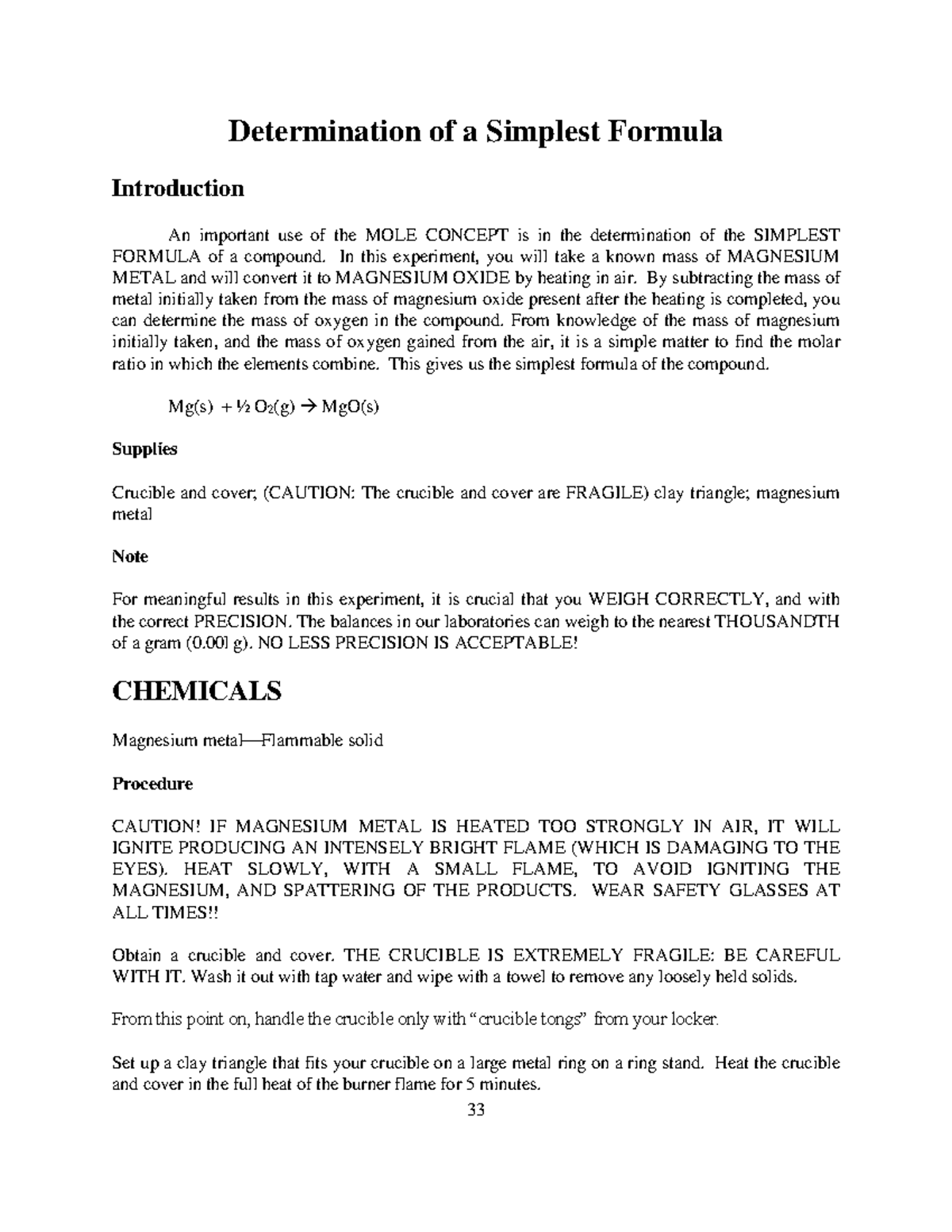 Determination of an Empirical Formula - Determination of a Simplest ...