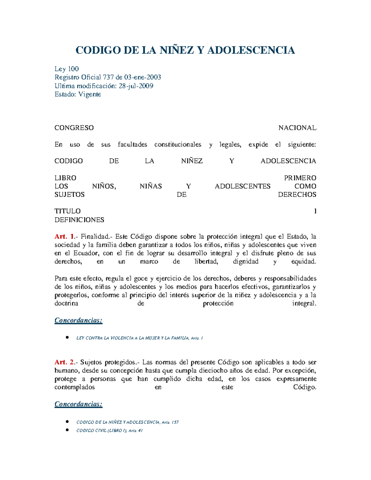 Transp- Codigo DE LA Ninez Y Adolescencia - CODIGO DE LA NIÑEZ Y ADOLESCENCIA Ley 100 Registro ...