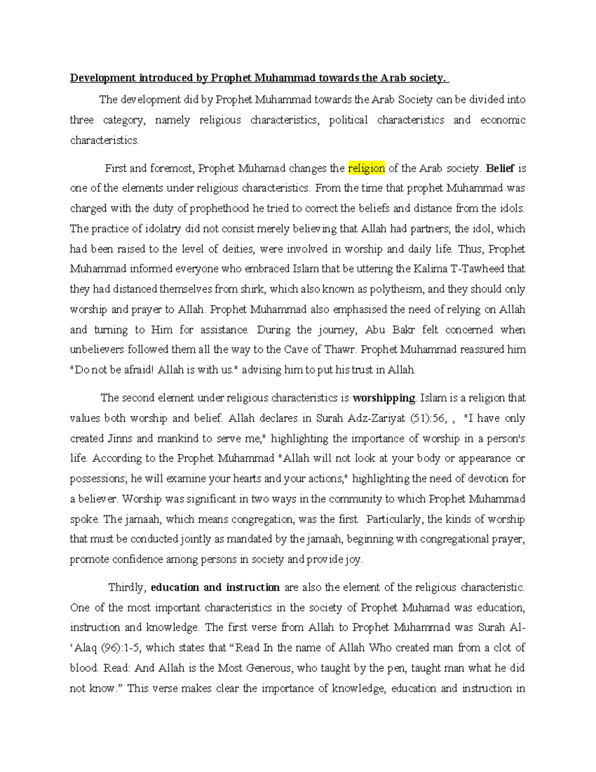 PSL chap2 development introduced by Prophet Muhammad towards the ...