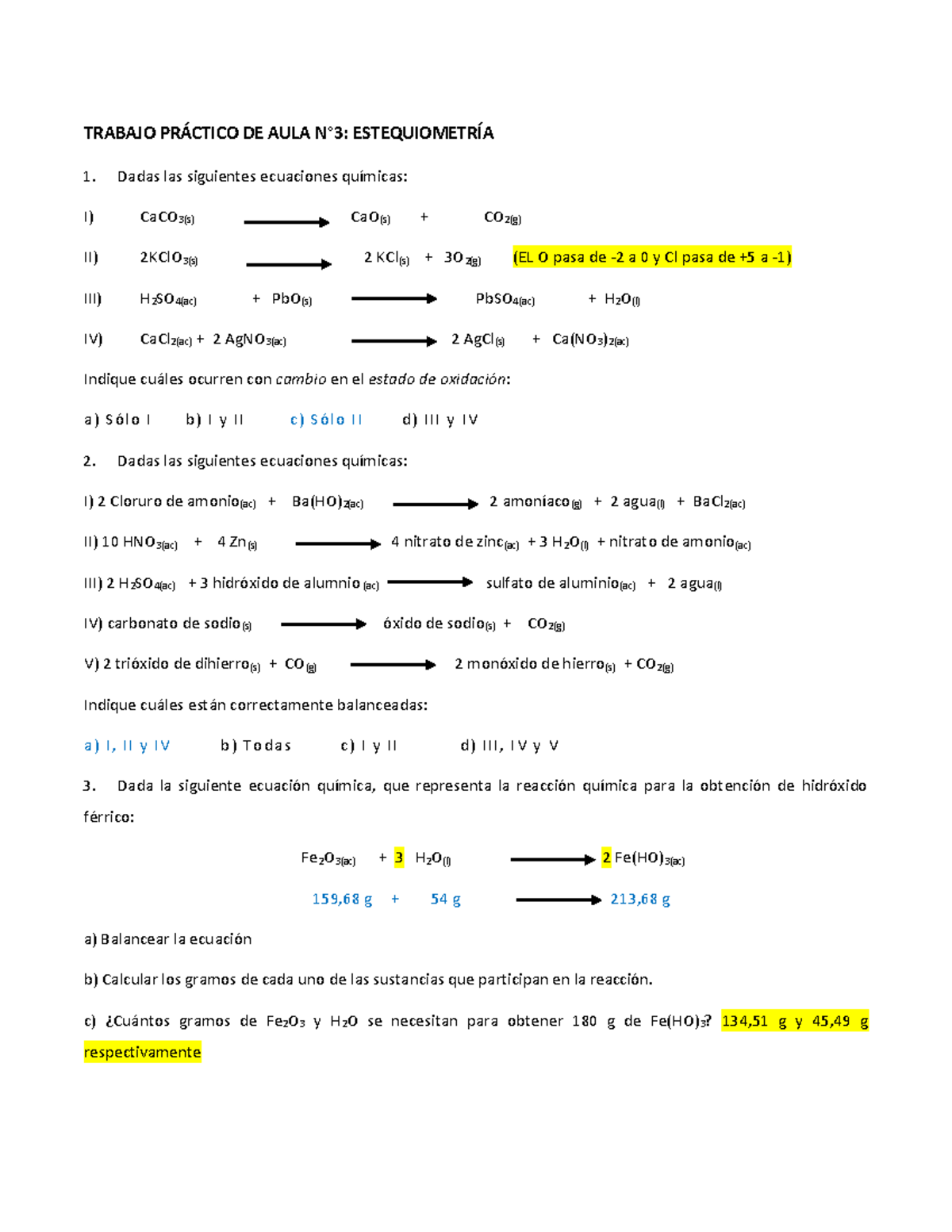 Trabajo-practico-n3soluciones 13 - TRABAJO PR¡CTICO DE AULA N∞3: ESTEQUIOMETRÕA Dadas las ...