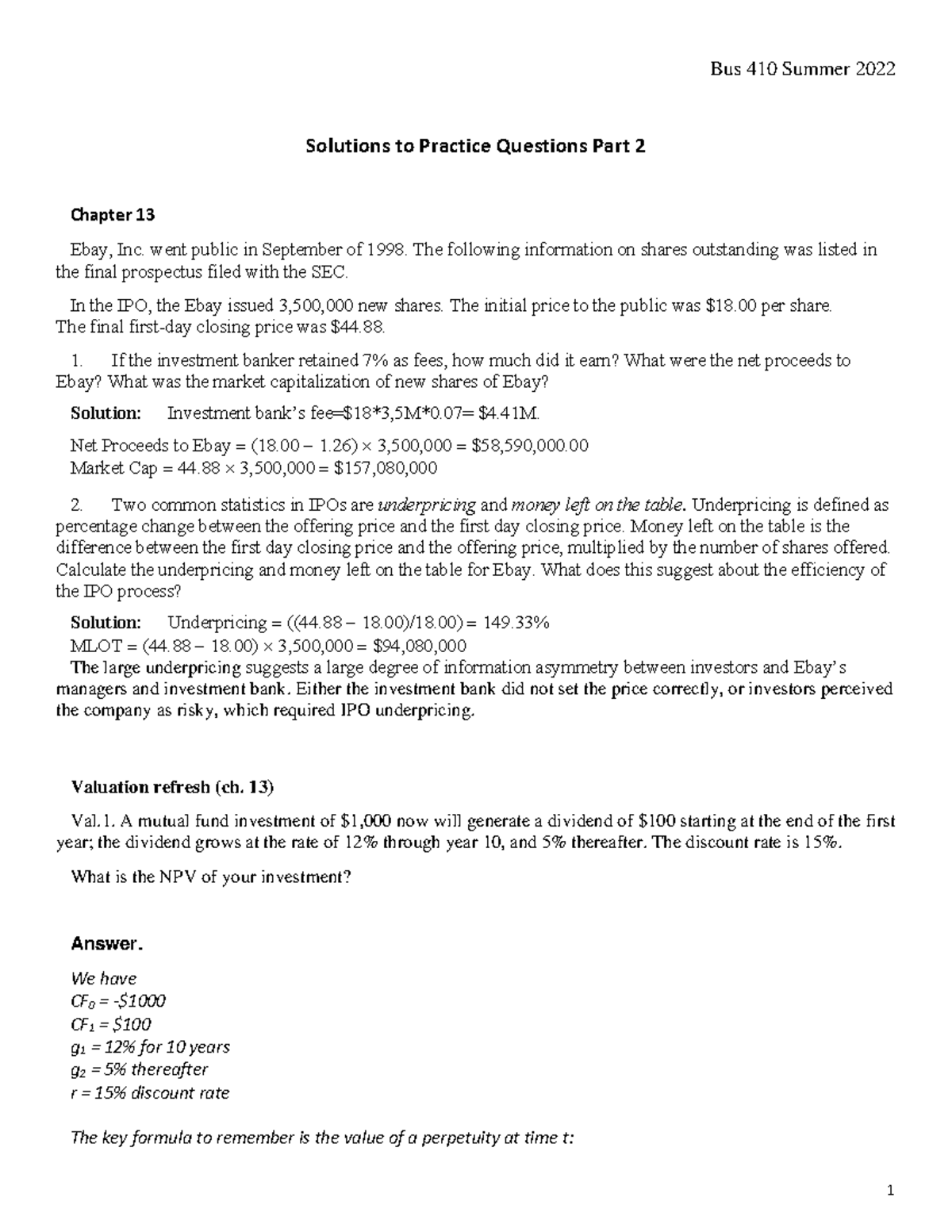 410 practice 2 solutions - Bus 410 Summer 2022 Solutions to Practice ...
