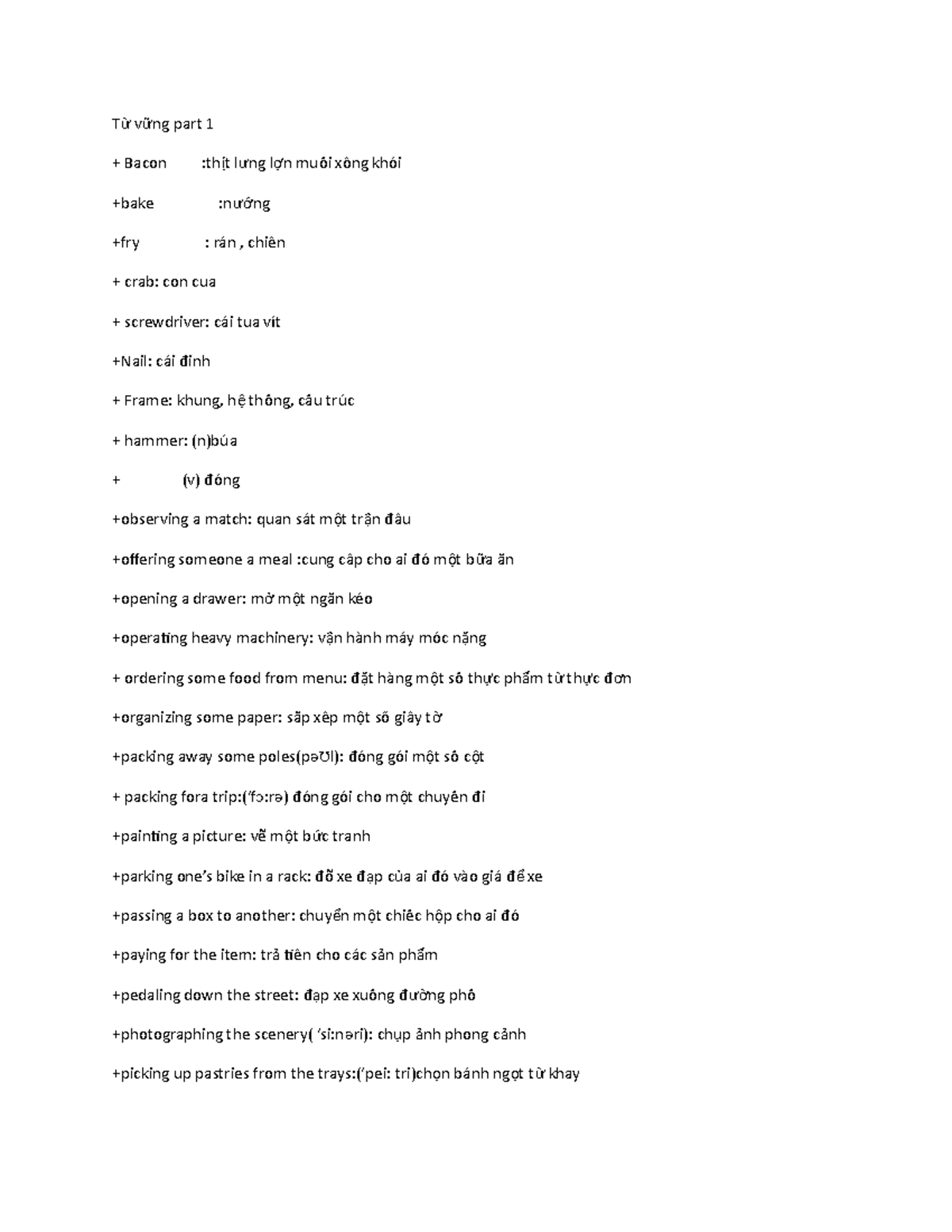 Từ vững part 1 - tự học toeic - T ừ v ững part 1 Bacon :th t l ng l n muốối xống khóiị ư ợ +bake ...