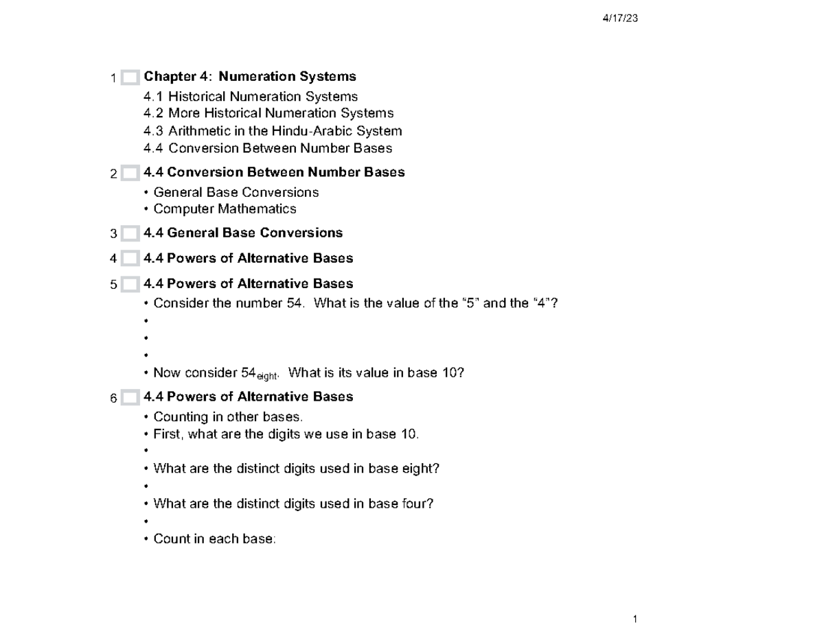 Chap 4.4 class notes PART 1 - 4/17/ 1 Chapter 4: Numeration Systems 4 ...