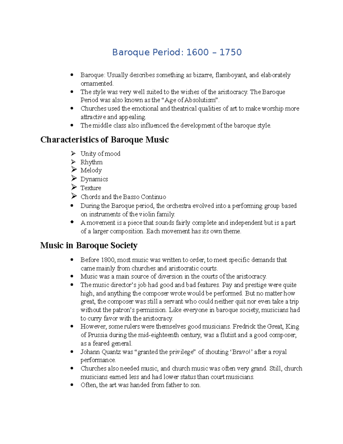 MUSI2306 Baroque Period Lecture Notes - Baroque Period: 1600 – 1750 ...