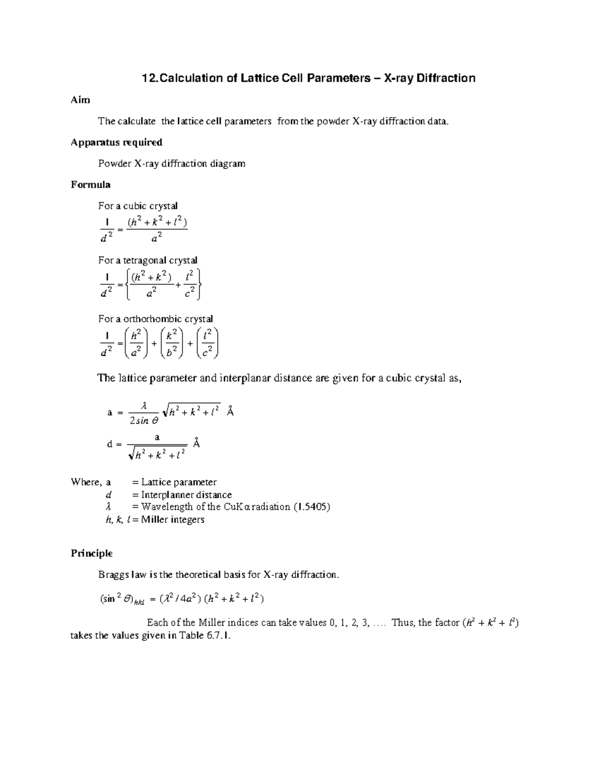 XRD calculation experiment - 12. Calculation of Lattice Cell Parameters ...