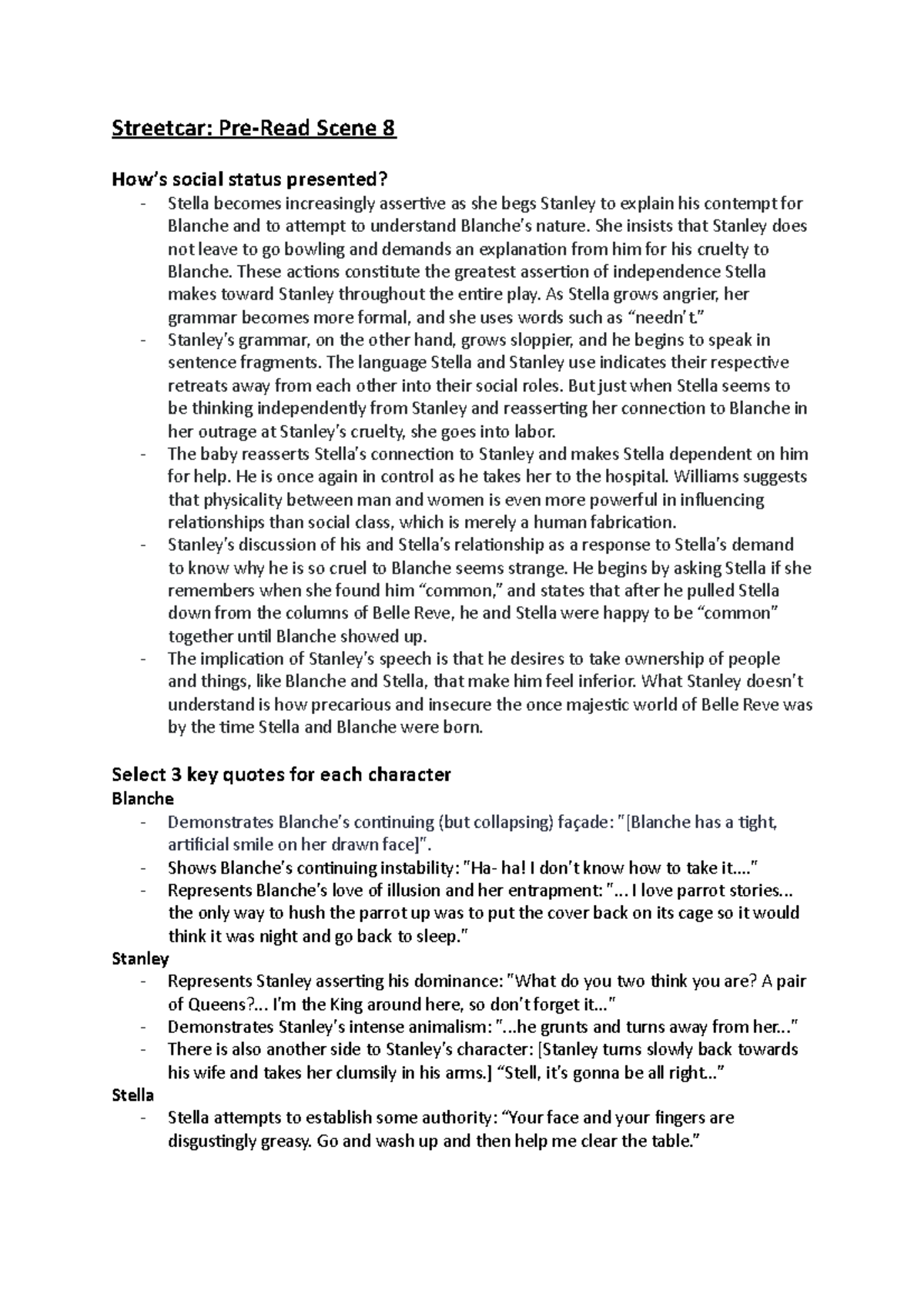 A Streetcar Named Desire Scene Eight Notes - Streetcar: Pre-Read Scene ...