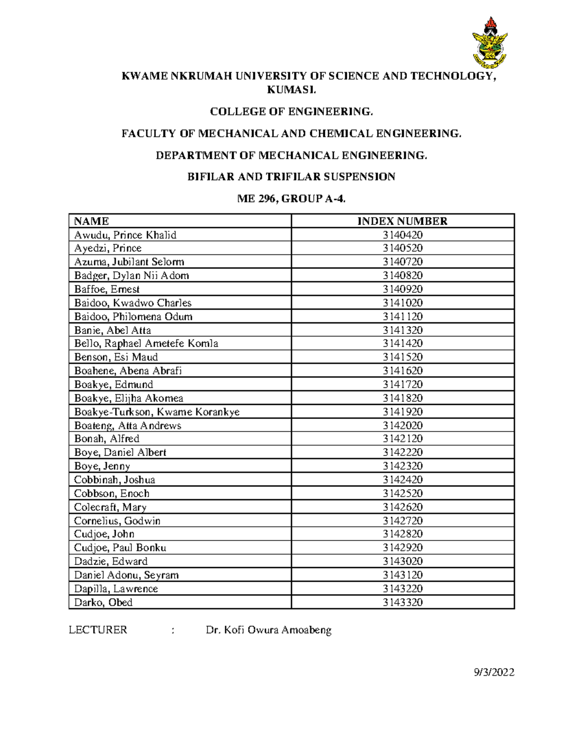 Bifilar and trifilar suspension - KWAME NKRUMAH UNIVERSITY OF SCIENCE ...