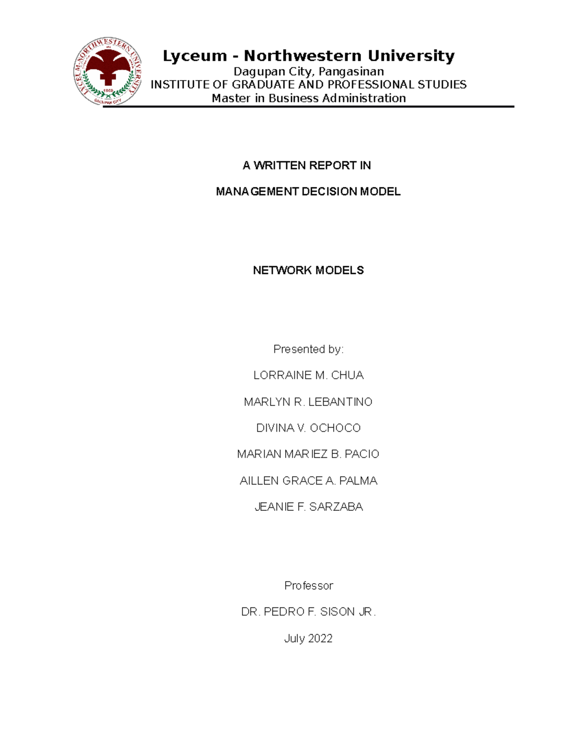 Network Model - written report - Dagupan City, Pangasinan INSTITUTE OF ...