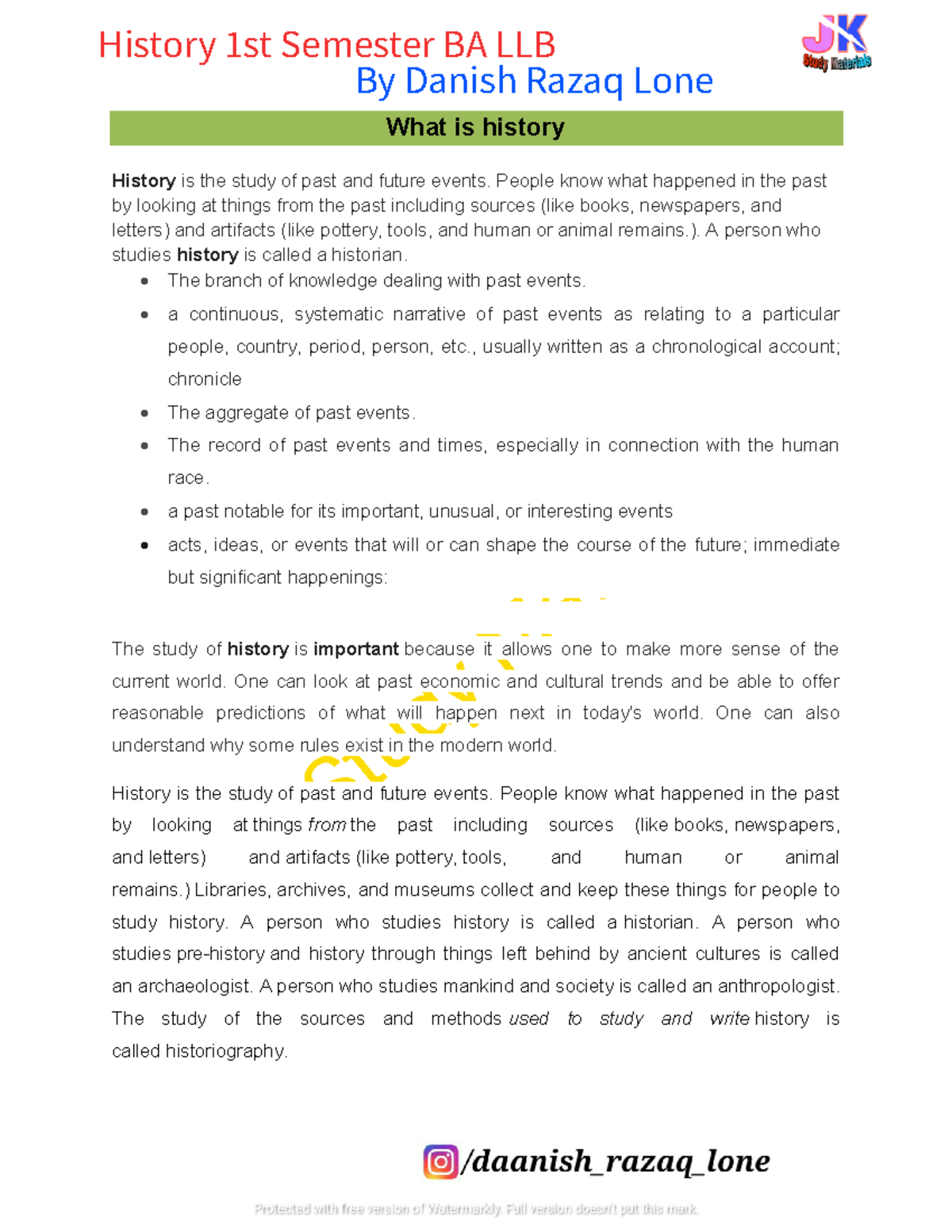 1st semester history - What is history History is the study of past and ...