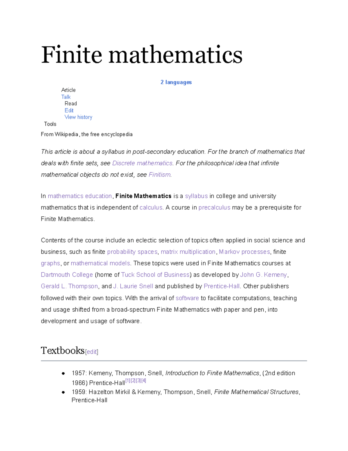 Finite mathematics - For the branch of mathematics that deals with ...
