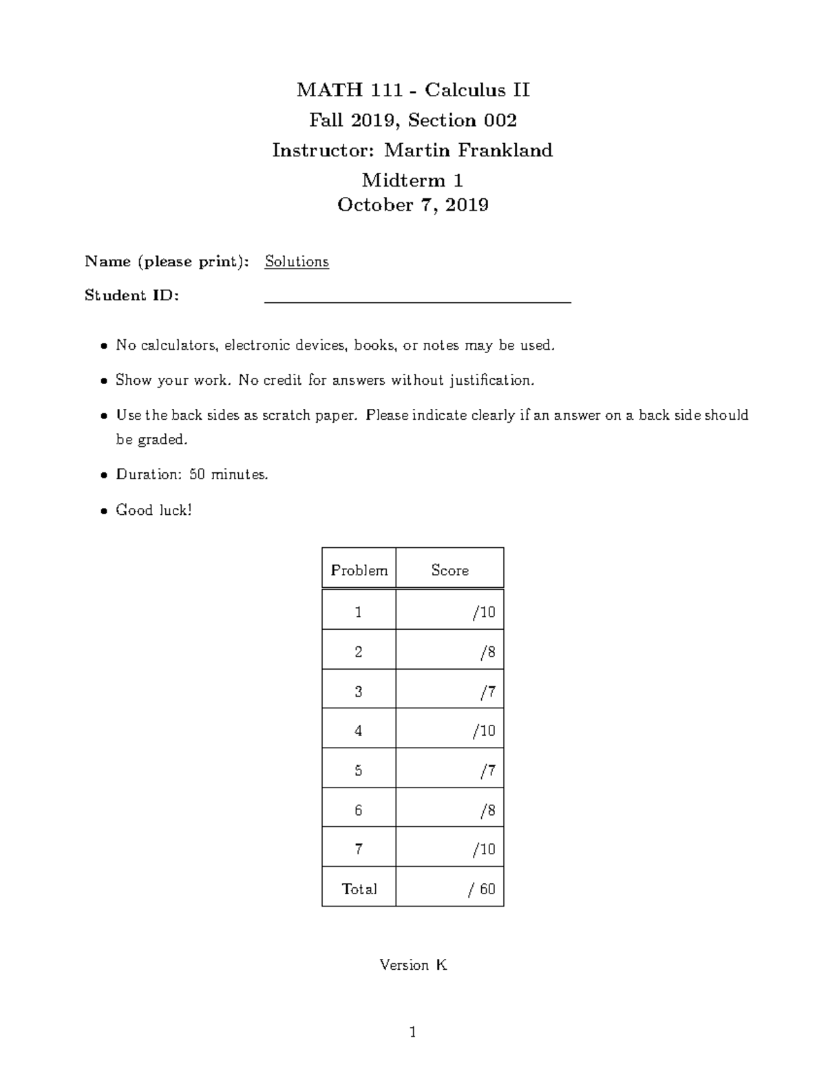 Math111Midterm1 - MATH 111 - Calculus II Fall 2019, Section 002 ...