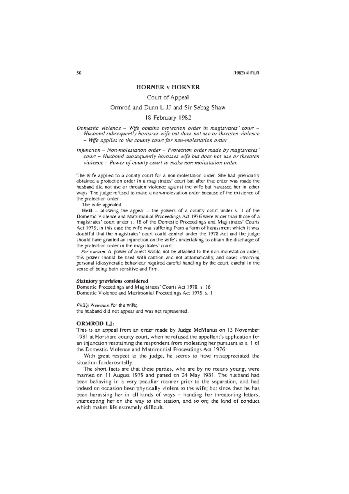 Horner v Horner (1983) 4 FLR 50 - HORNER v HORNER Court of Appeal ...