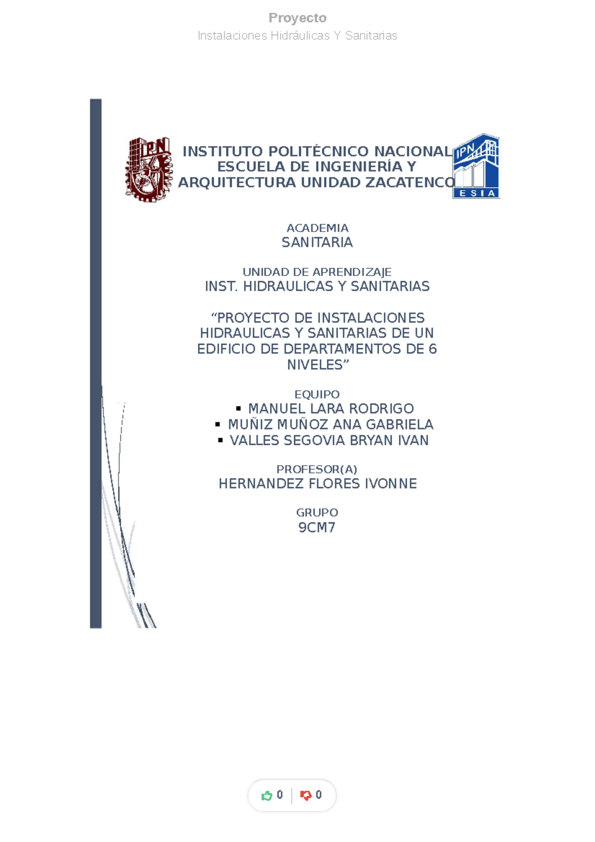 Proyecto instalaciones 1 - Proyecto Instalaciones Hidráulicas Y Sanitarias INSTITUTO POLITÉCNICO ...