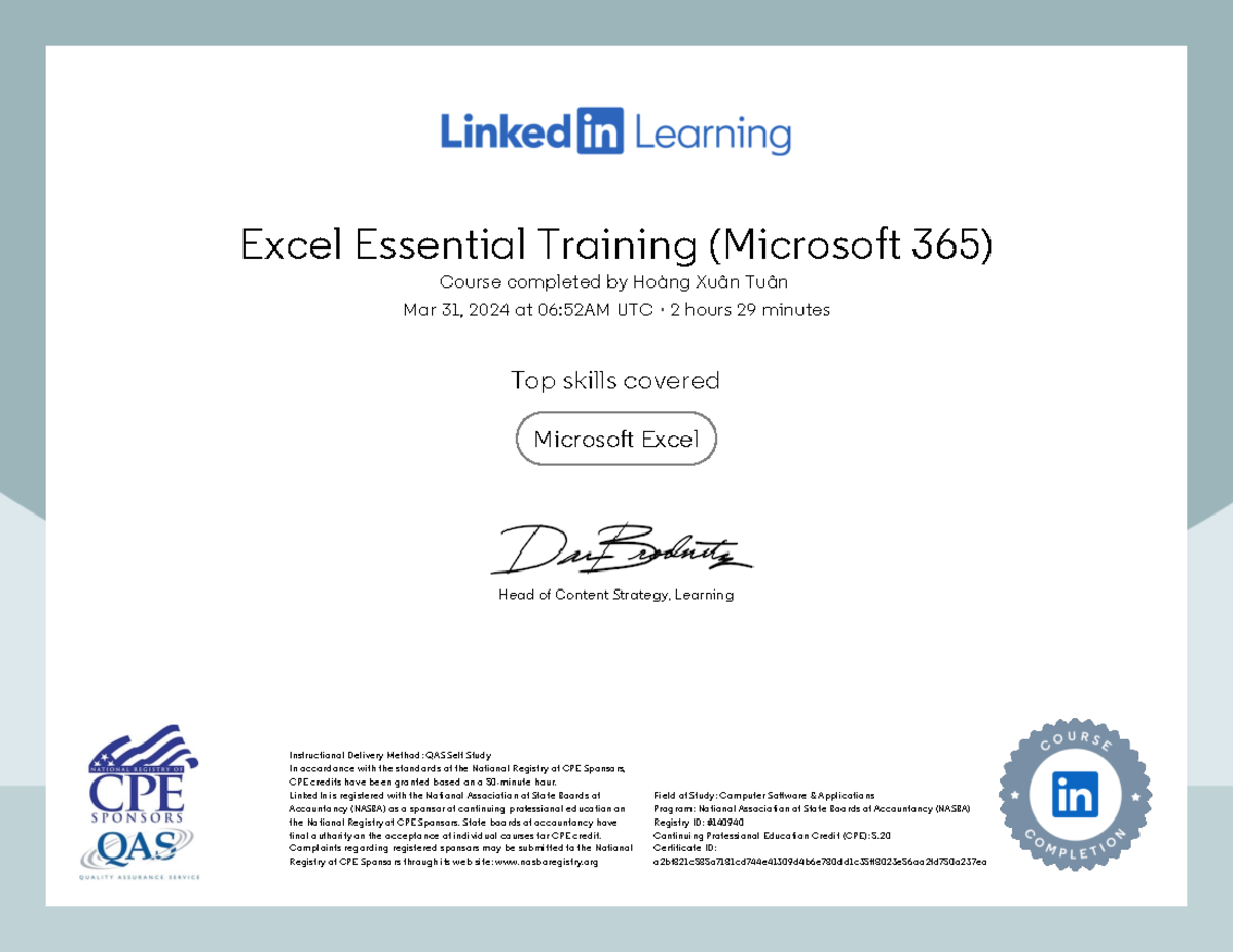 Certificate Of Completion Excel Essential Training Microsoft 365 ...