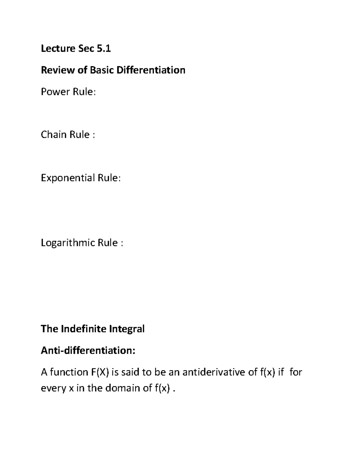 Integration Formulas - Lecture Sec 5. Review of Basic Differentiation ...