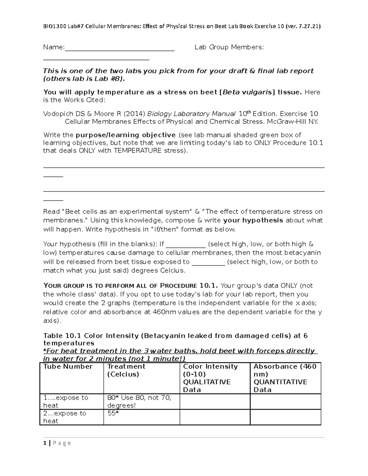 Physical Stress Temp Beet Membrane Lab#7 Exer 10 BIO1300 - BIO1300 Lab#7 Cellular Membranes ...