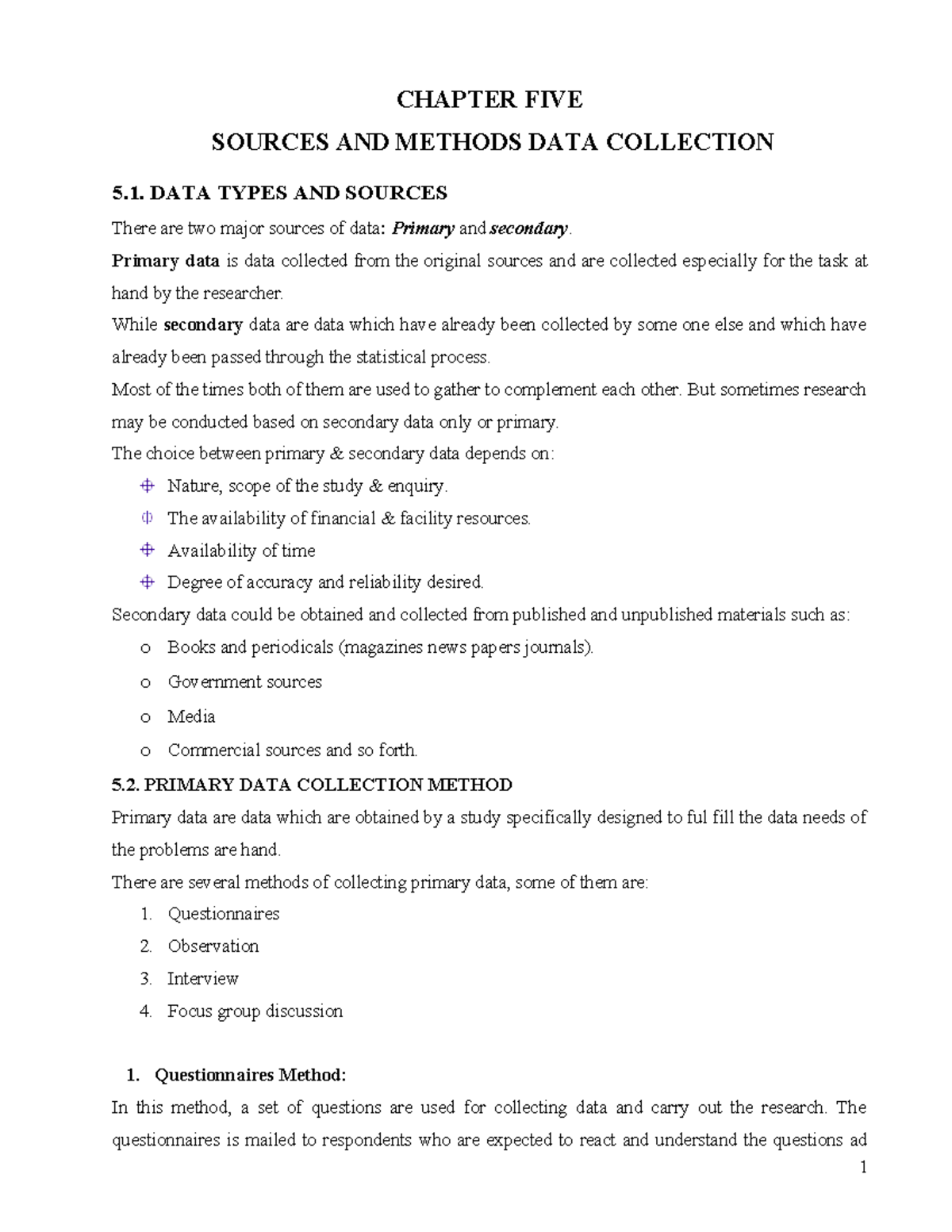 Chapter Five - SOURCES AND METHODS DATA COLLECTION - CHAPTER FIVE ...