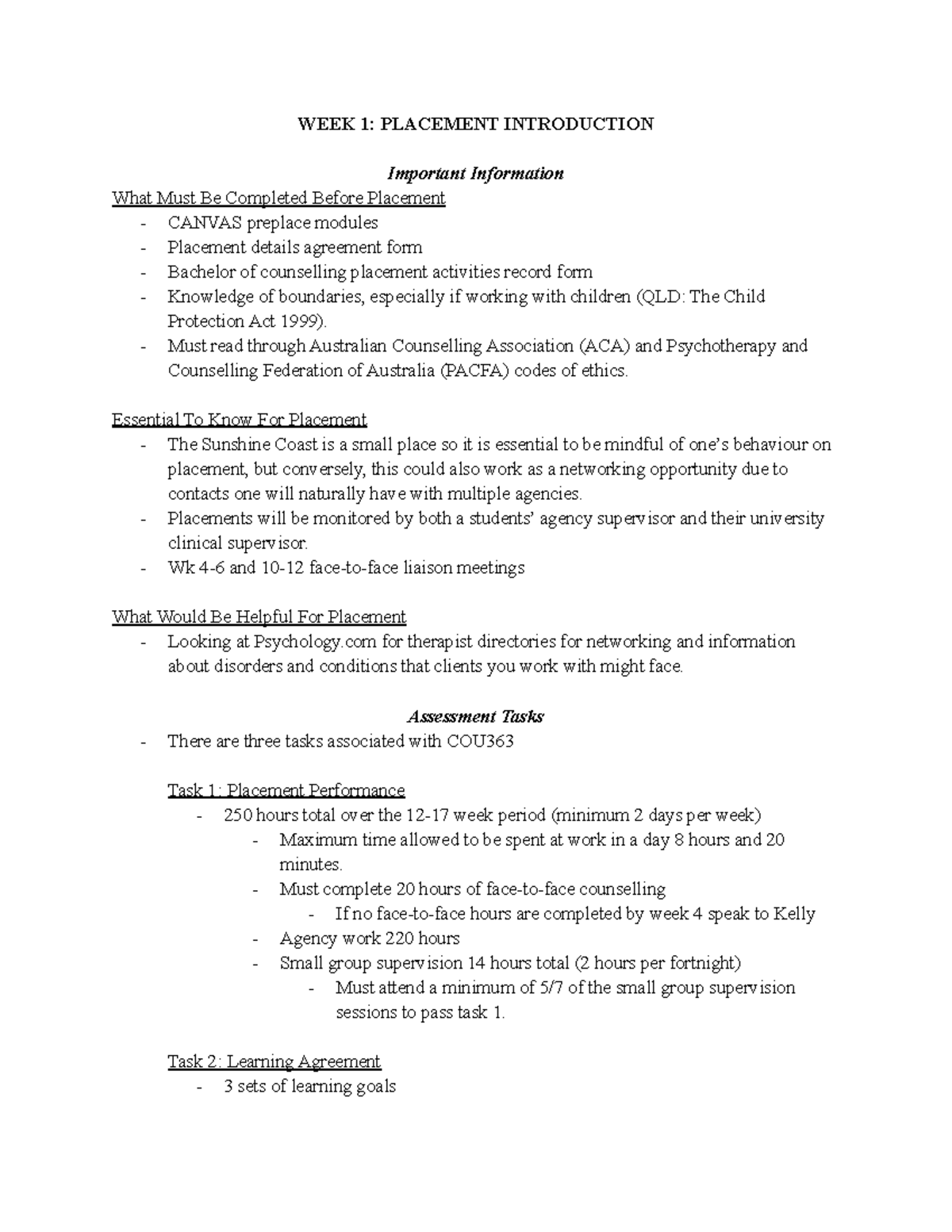 COU363 WEEK 1 Placement Introduction Tutorial Notes - WEEK 1: PLACEMENT ...