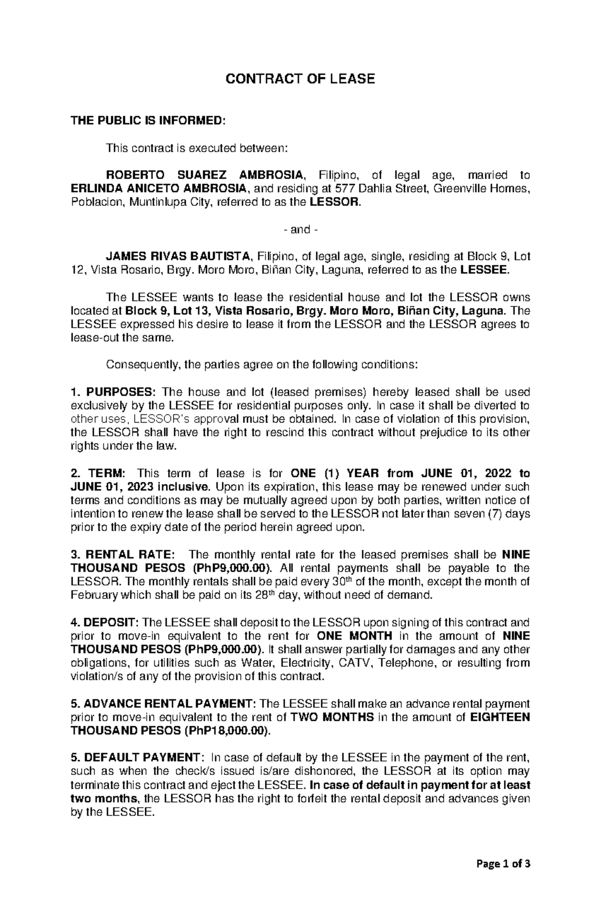 Lease Contract Template Page 1 Of 3 CONTRACT OF LEASE THE PUBLIC IS