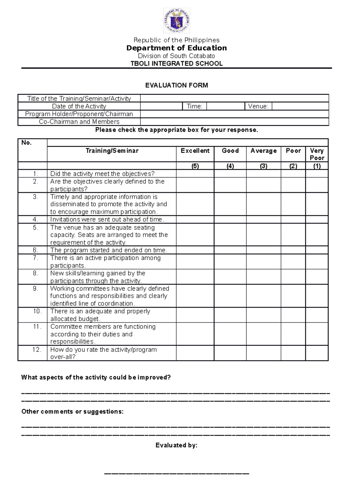 Evaluation-FORM - REFERENCE - Republic of the Philippines Department of ...