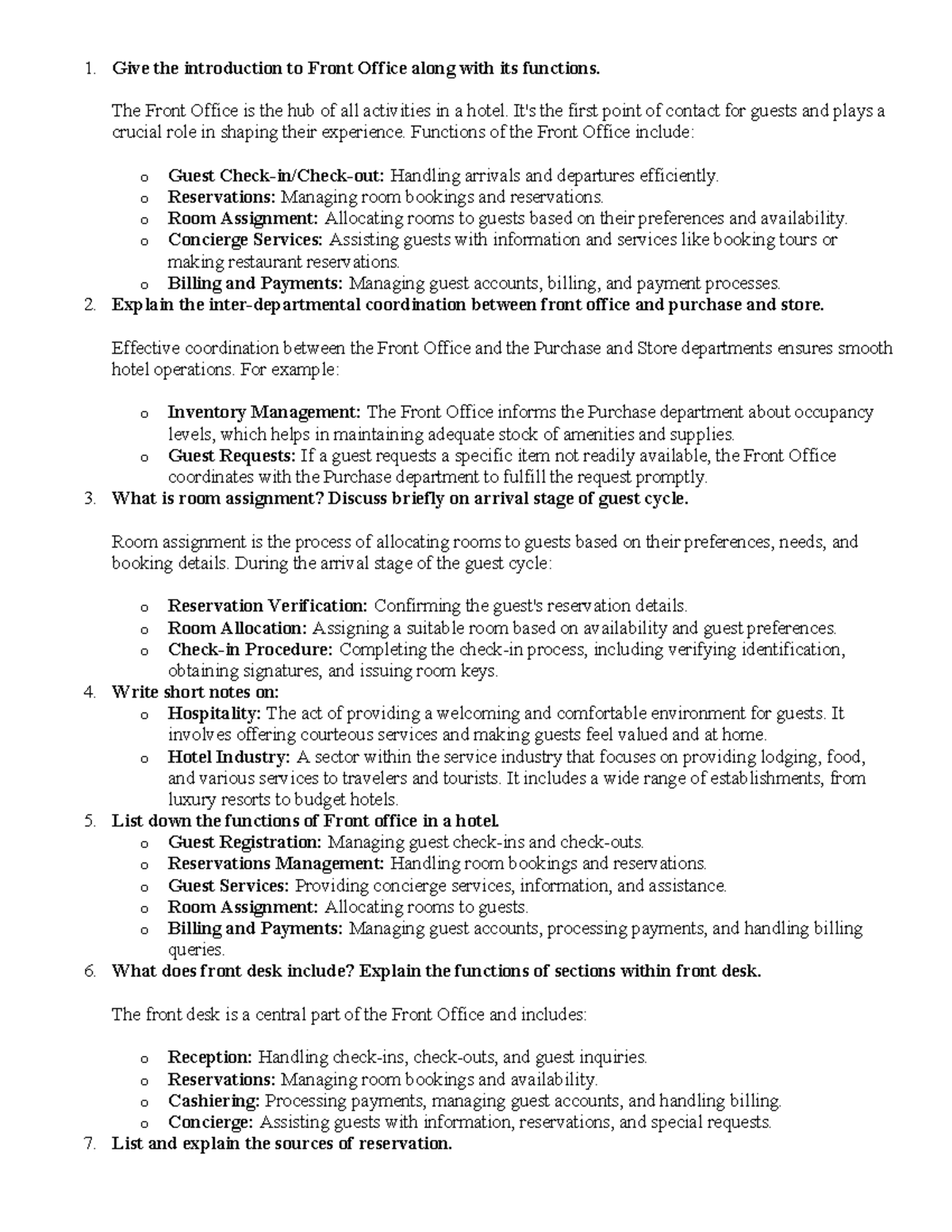 Mid Pre - 1. Give the introduction to Front Office along with its ...