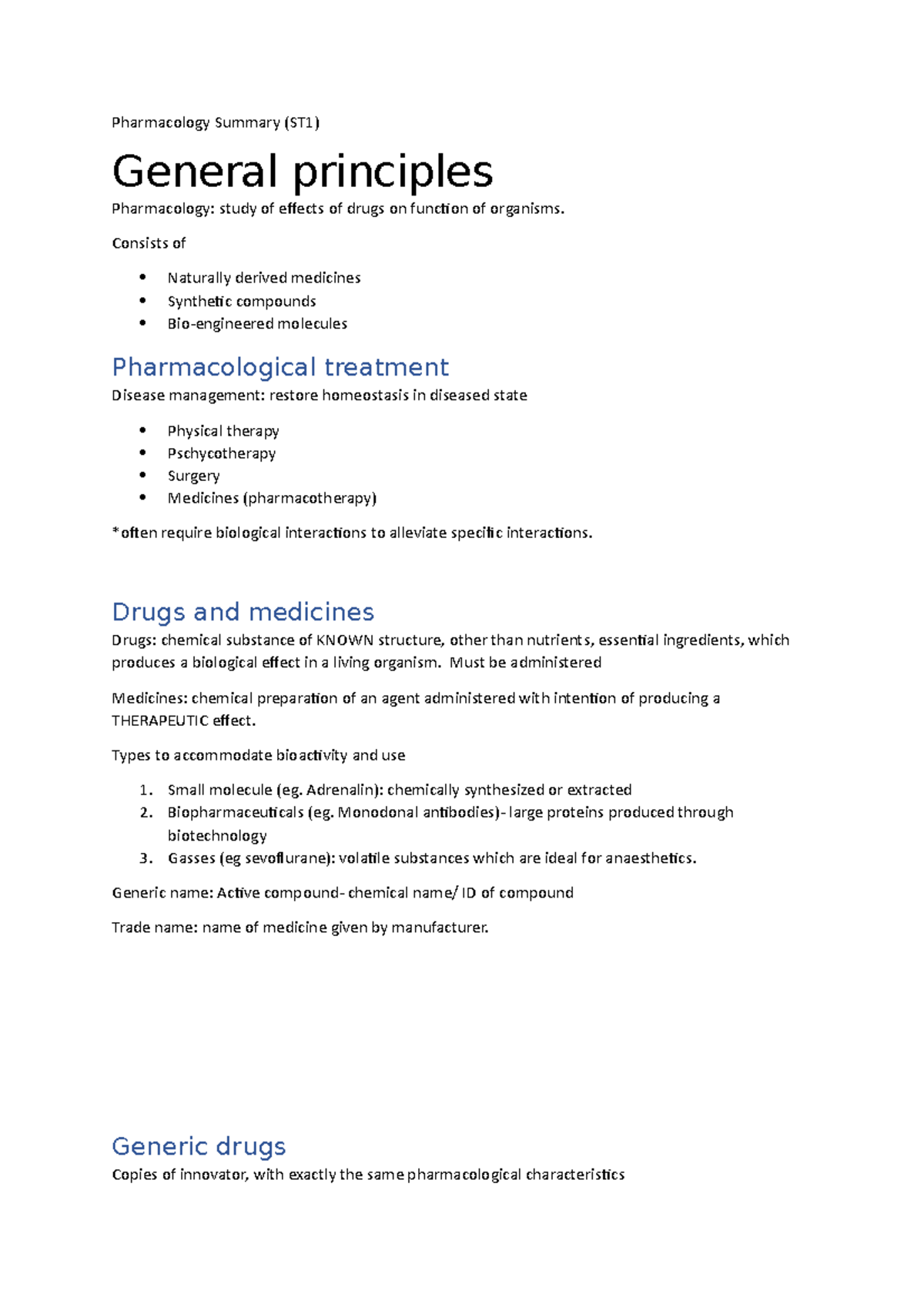 Pharmacology Summary - Consists of Naturally derived medicines Syntheic ...