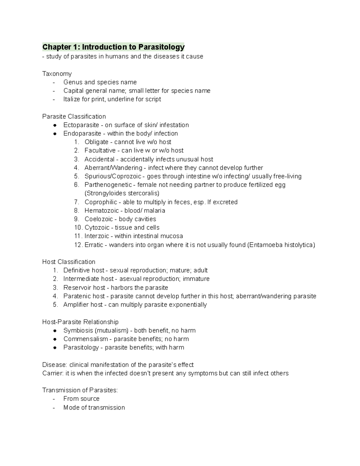 Parasitology notes - Chapter 1: Introduction to Parasitology study of ...