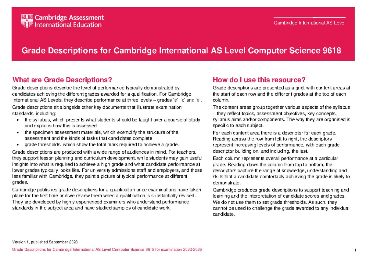 Grade Descriptions for Cambridge International AS Level Computer ...
