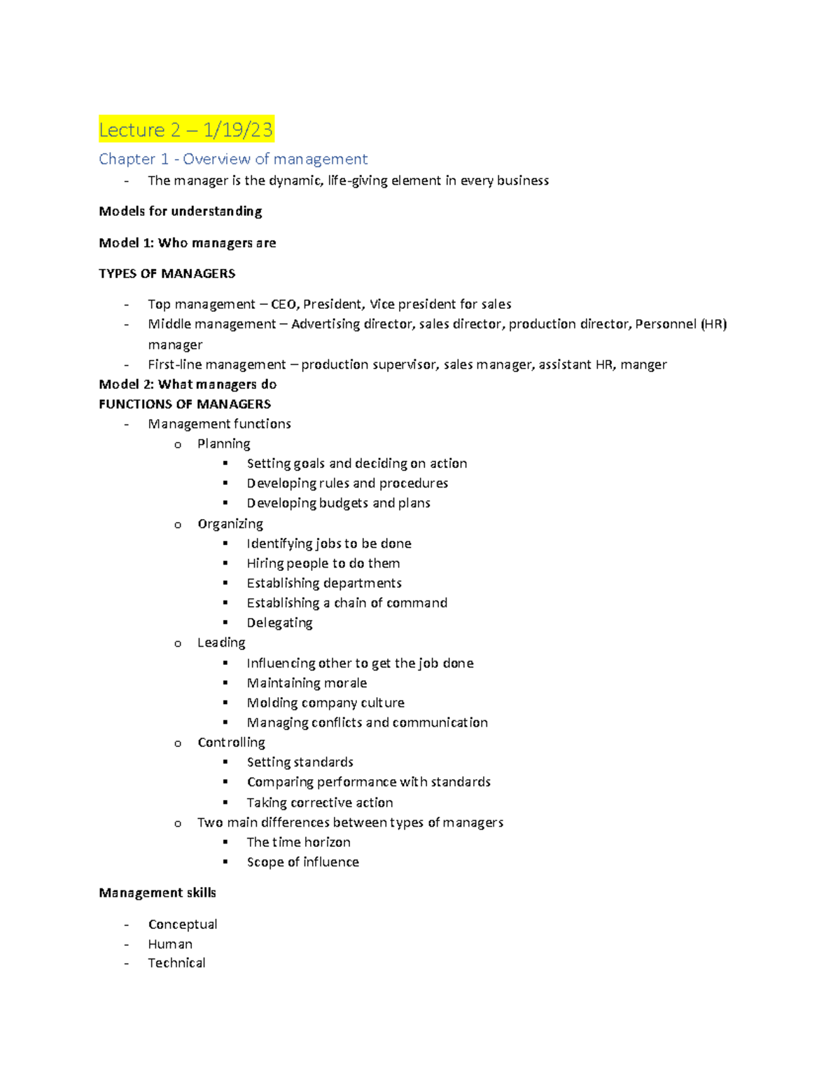 Management Lecture - beginning of 2nd semester - Lecture 2 – 1/19 ...
