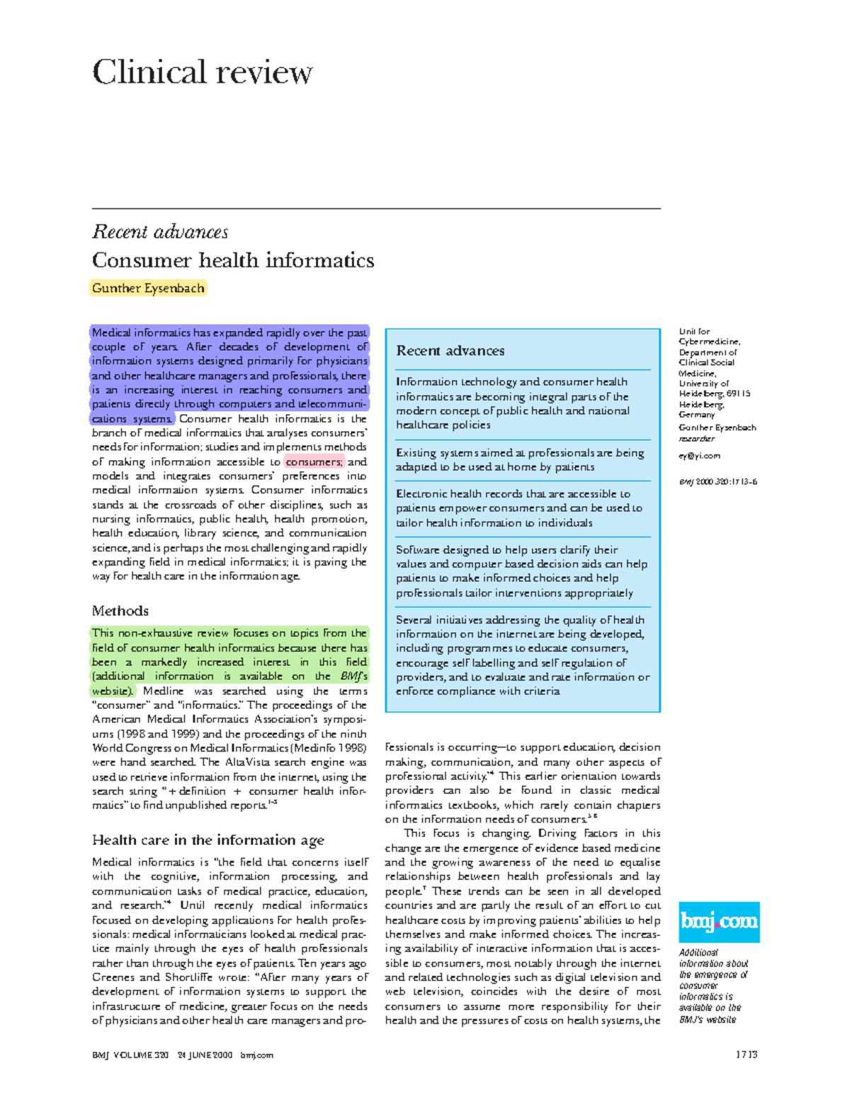 Reyshel - Recent advances Consumer health informatics Gunther Eysenbach ...