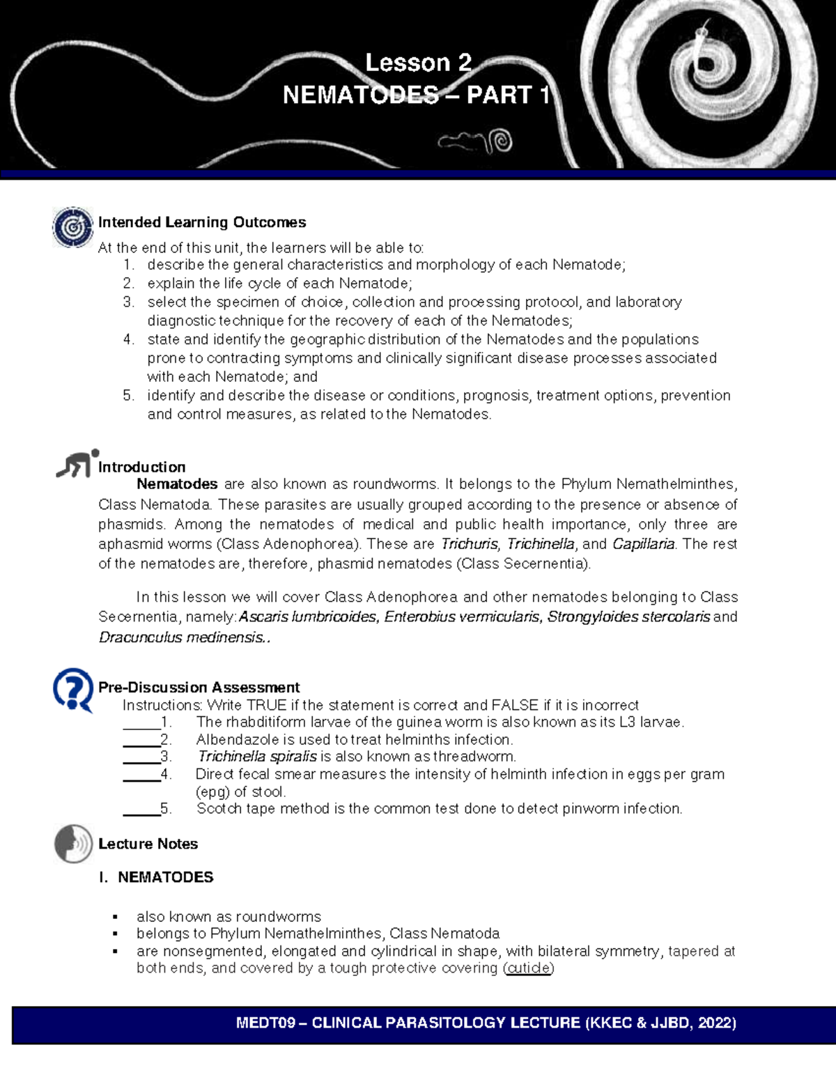 2 - review notes - Lesson 2 NEMATODES – PART 1 Intended Learning ...