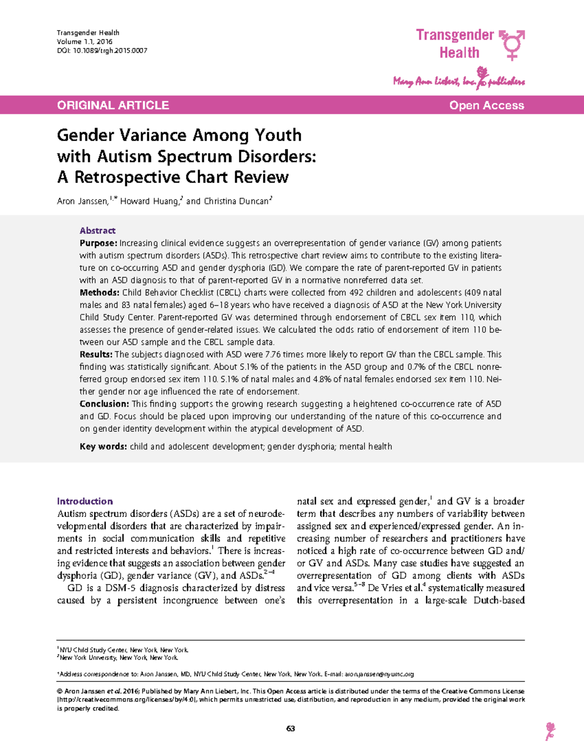 Gender Variance Among Youth with Autism Spectrum Disorders: A ...